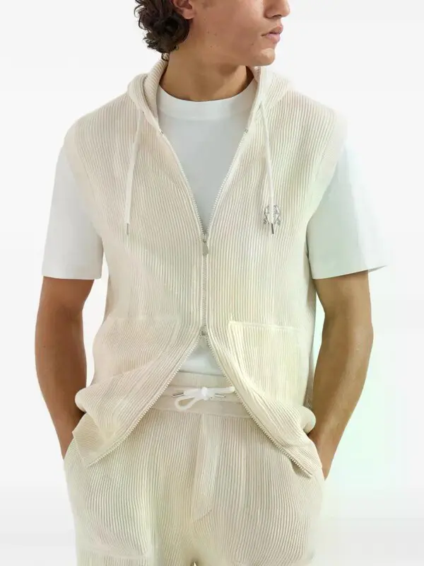Brunello Cucinelli Cotton English Rib Knit Hooded Vest With Logo And Zipper - Neutrals