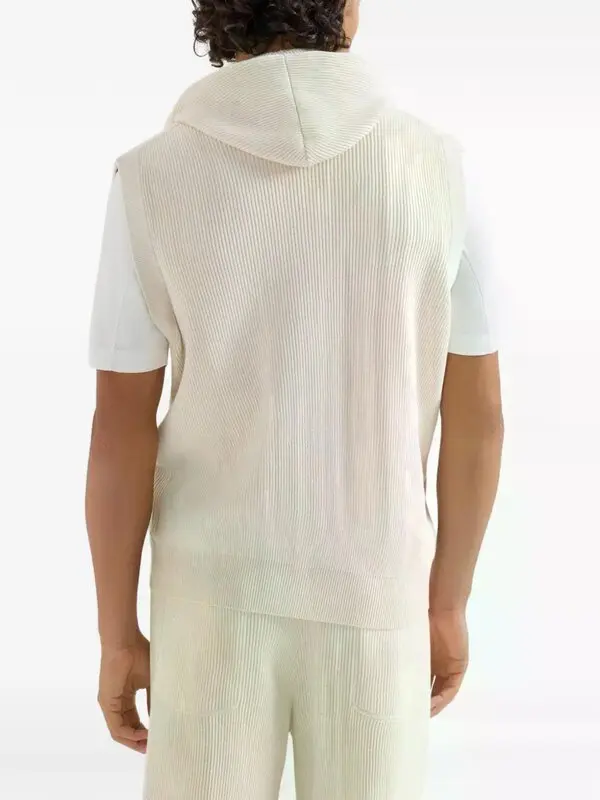 Brunello Cucinelli Cotton English Rib Knit Hooded Vest With Logo And Zipper - Neutrals