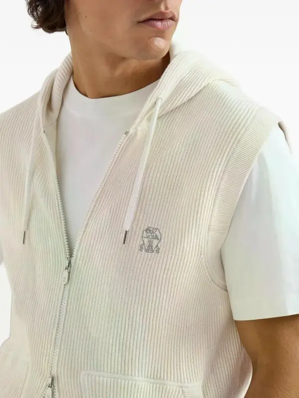 Brunello Cucinelli Cotton English Rib Knit Hooded Vest With Logo And Zipper - Neutrals