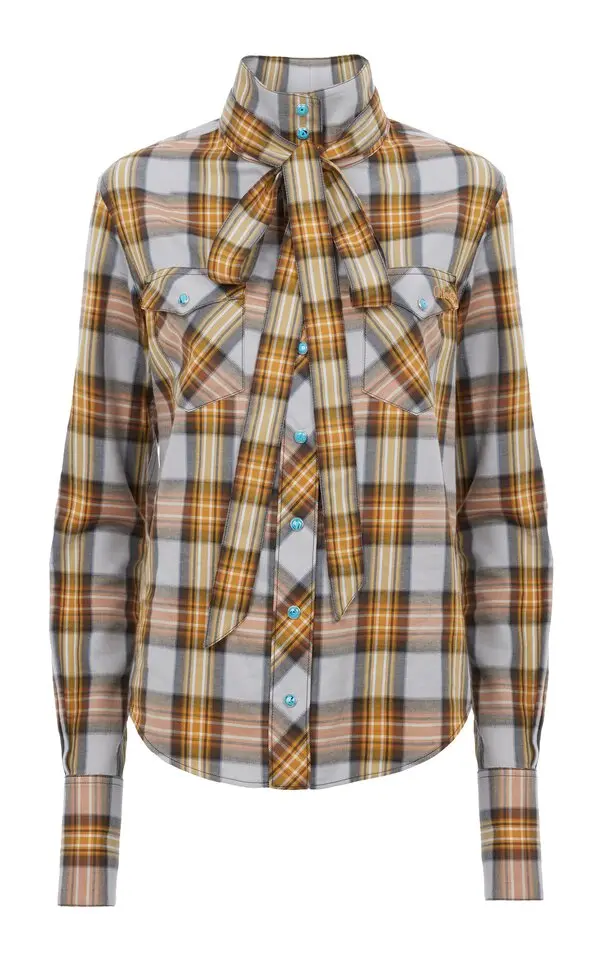 Chloé Plaid Cotton-blend Top With Bow