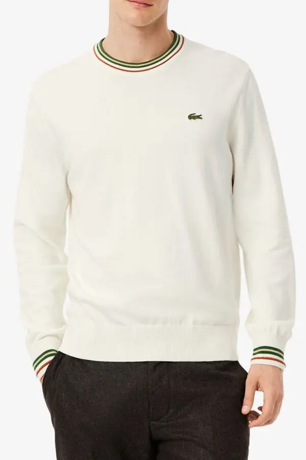 Lacoste Crew Neck Sweater With Stripe Details - Flour