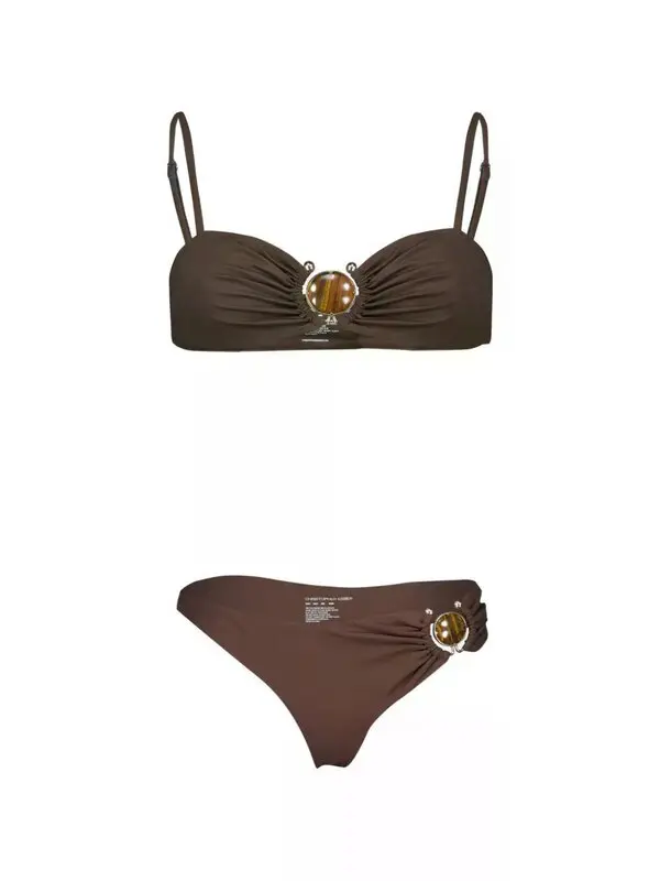 Christopher Esber Stone-embellished Ruched Bikini Bottom - Brown