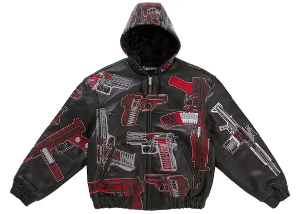 Supreme Guns Embroidered Hooded Leather Jacket - Black
