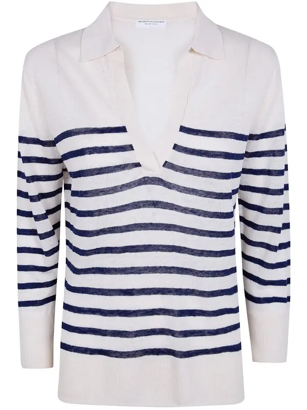 Majestic International Oversized Striped Linen Polo Shirt - Blue