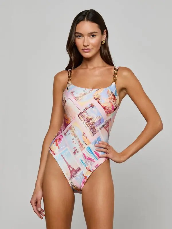 L'Agence Remi Printed One-piece Swimsuit - Light Pink Multi Postcard Print