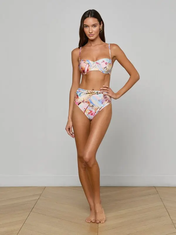 L'Agence Vanessa High-waisted Bikini Bottom - Light Pink Multi Postcard Print