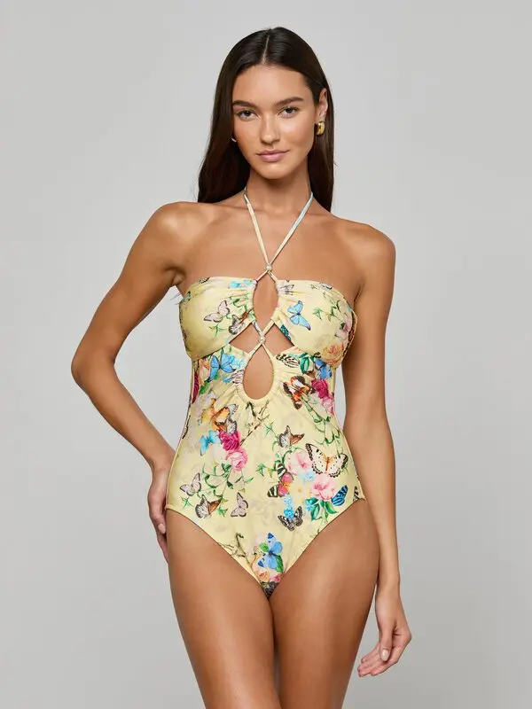 L'Agence Shiva One-piece Swimsuit - Pale Yellow Garden Butterflies