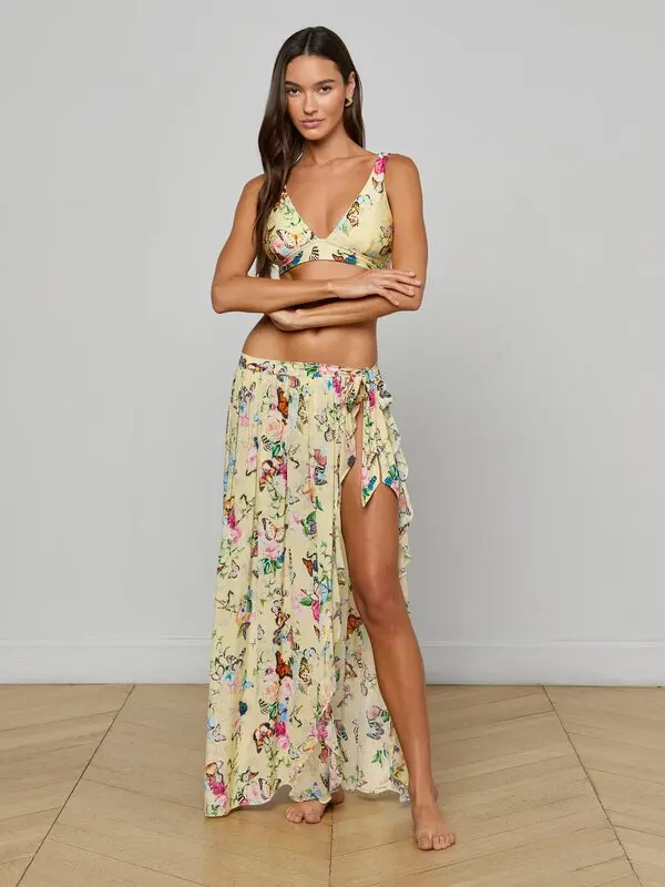 L'Agence Klaire Cover-up Maxi Skirt - Pale Yellow Garden Butterflies