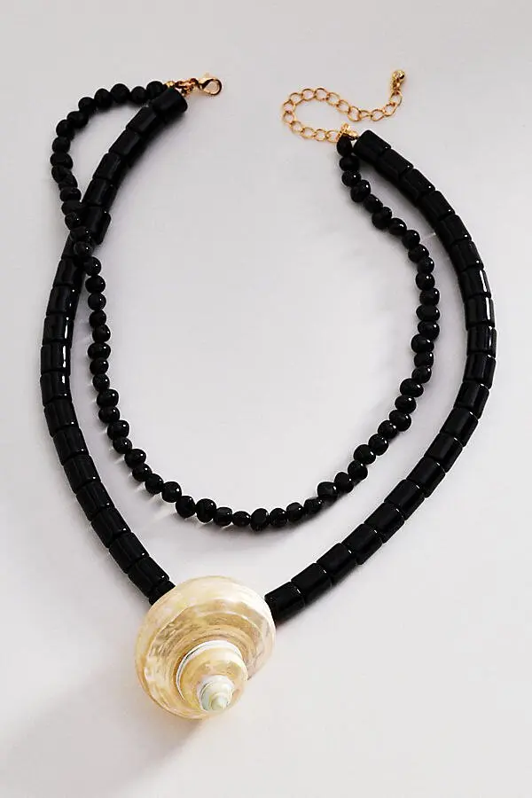 Anthropologie Beaded Shell Pendant Necklace - Black
