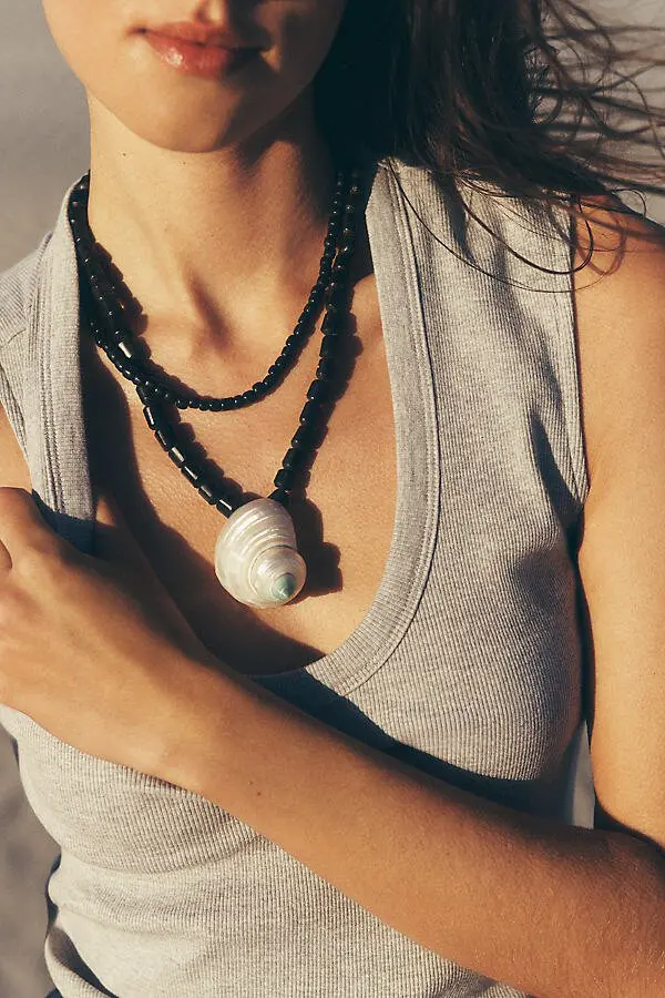 Anthropologie Beaded Shell Pendant Necklace