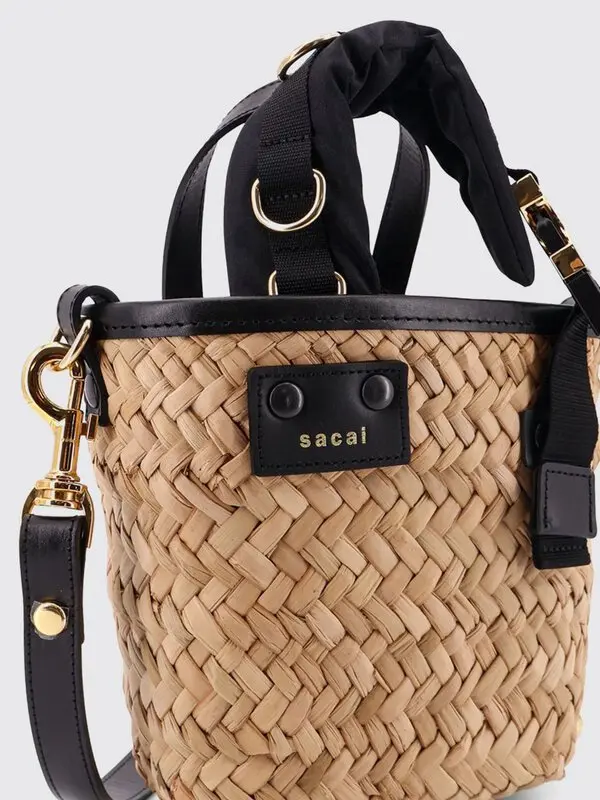 Sacai Woven Raffia And Leather Bag - Beige