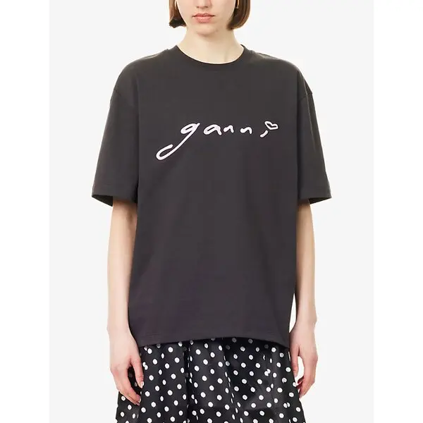 GANNI Relaxed-fit Cotton T-shirt With Logo Embroidery - Phantom