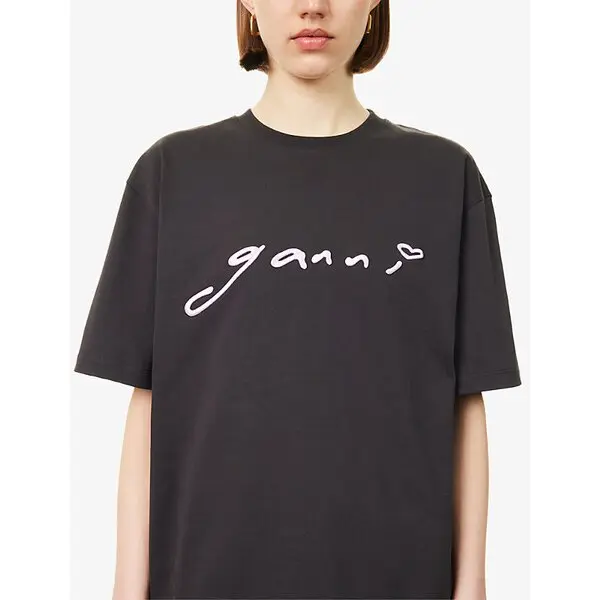 GANNI Relaxed-fit Cotton T-shirt With Logo Embroidery - Phantom