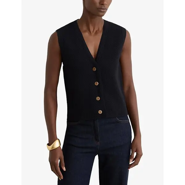 REISS Ria Herringbone-textured Knitted Waistcoat - Navy