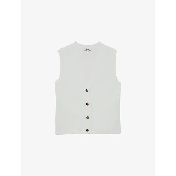 REISS Ria Herringbone-textured Knitted Waistcoat - White