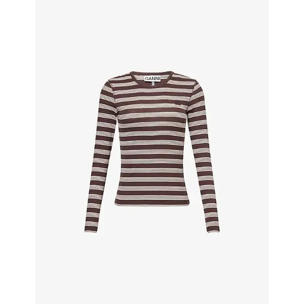 GANNI Striped Long-sleeve Cotton-rib Top - Mole