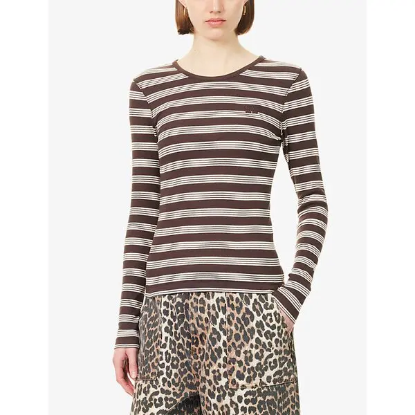 GANNI Striped Long-sleeve Cotton-rib Top - Mole