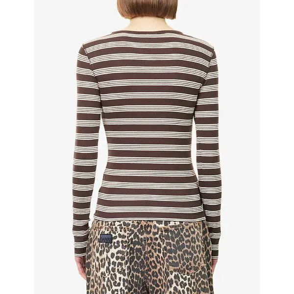 GANNI Striped Long-sleeve Cotton-rib Top - Mole