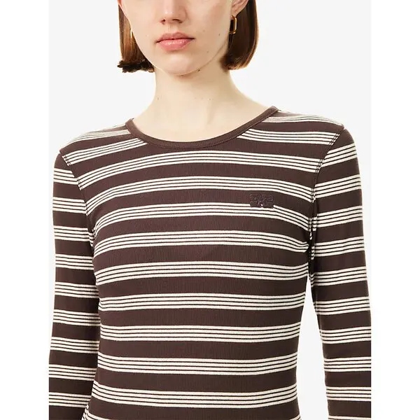 GANNI Striped Long-sleeve Cotton-rib Top - Mole