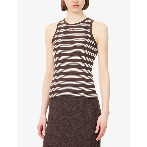 GANNI Striped Cotton-rib Tank Top - Mole
