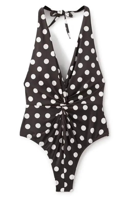 Mango Polka Dot Halter One Piece Swimsuit - Brown