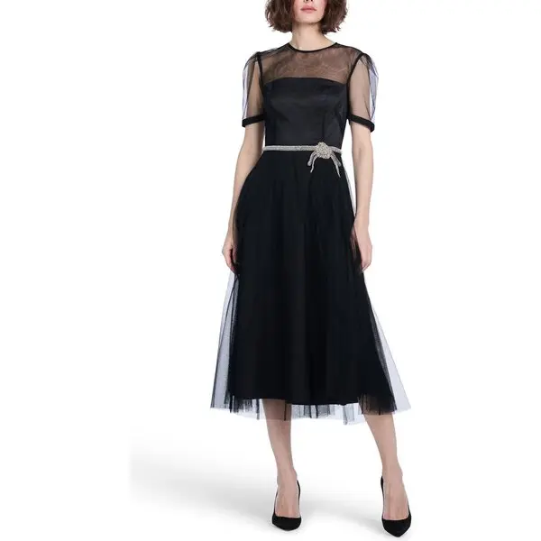 EMILY SHALANT Tulle Overlay Illusion Neck Cocktail Dress - Black