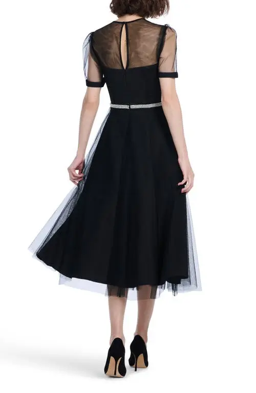 EMILY SHALANT Tulle Overlay Illusion Neck Cocktail Dress
