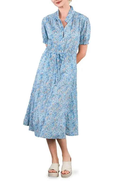BILLY T Tie Waist Tiered Chambray Midi Dress - Cool Bloom