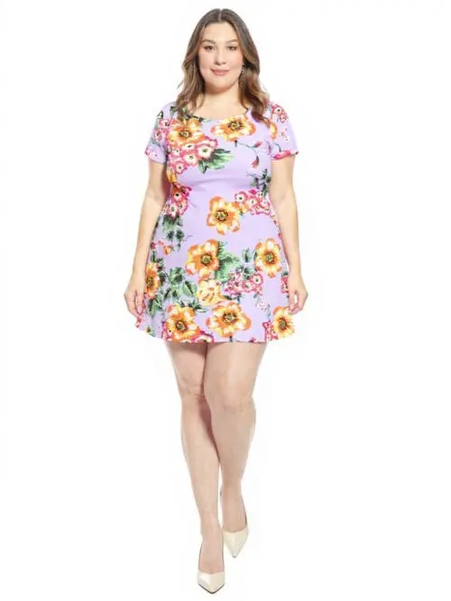24SEVEN COMFORT APPAREL Floral Print Mini Shift Dress - Lilac Multi