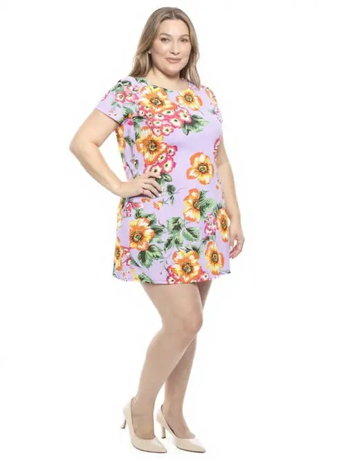24SEVEN COMFORT APPAREL Floral Print Mini Shift Dress - Lilac Multi