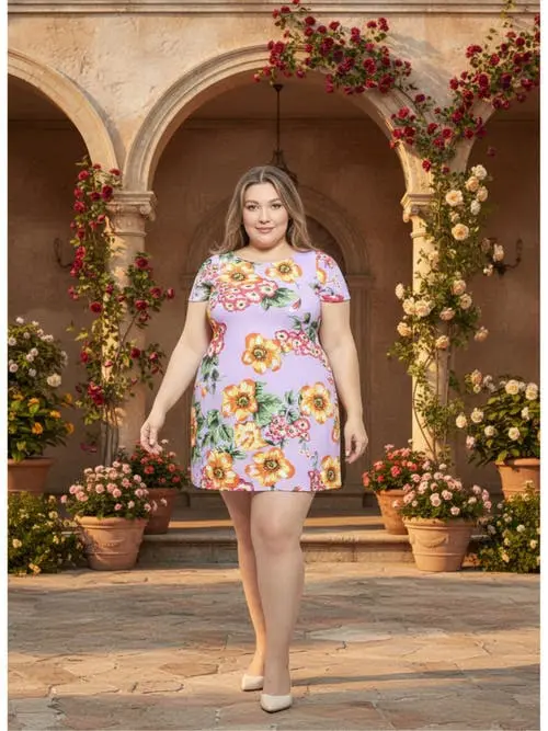 24SEVEN COMFORT APPAREL Floral Print Mini Shift Dress - Lilac Multi