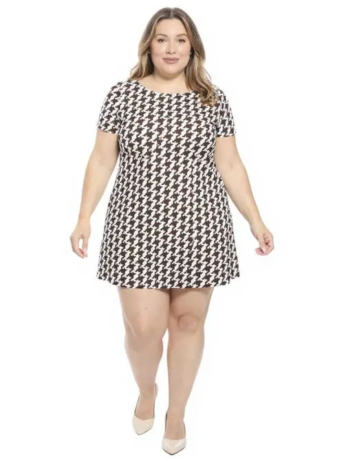 24SEVEN COMFORT APPAREL Geometric Mini Shift Dress - Brown Multi