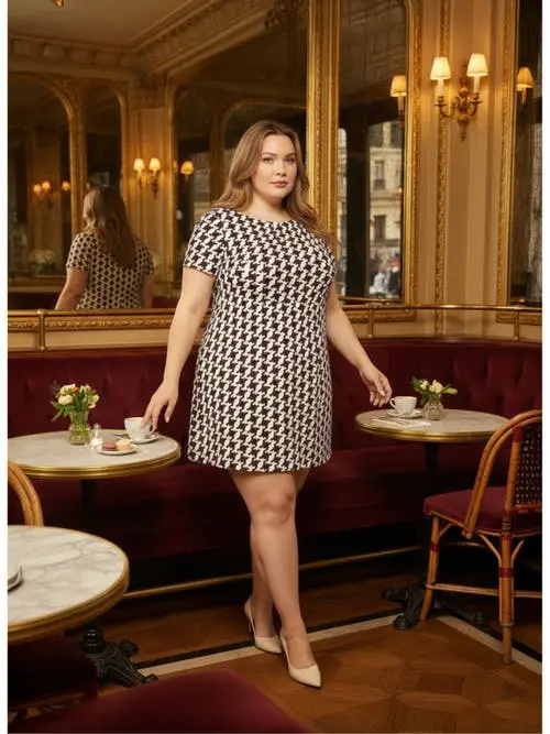 24SEVEN COMFORT APPAREL Geometric Mini Shift Dress - Brown Multi
