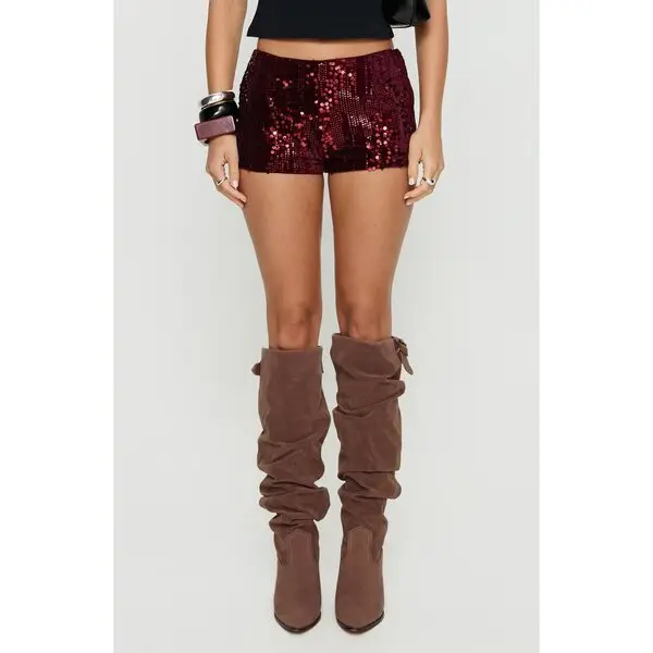 Princess Polly Sequin Micro Shorts - Burgundy