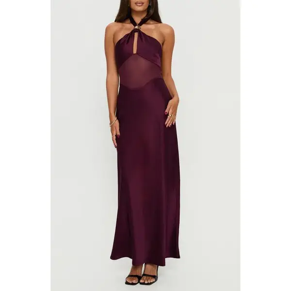 Princess Polly Sheer Panel Satin Halter Gown - Plum