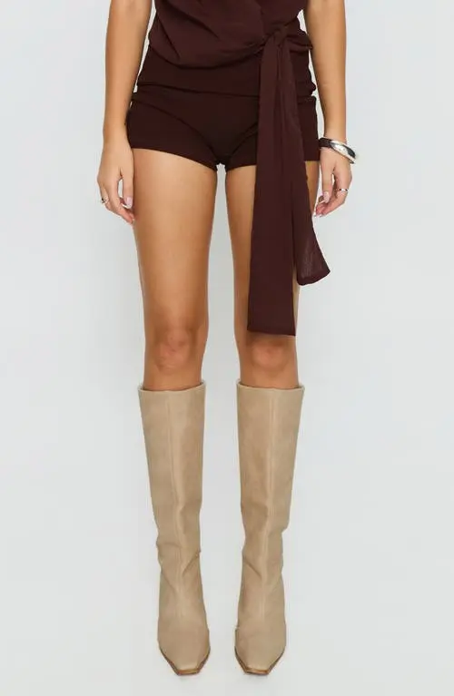 Princess Polly Baseline Foldover Rib Stretch Cotton Shorts - Chocolate
