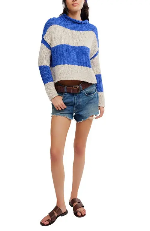 Free People Striped Cotton Blend Sweater - Blue