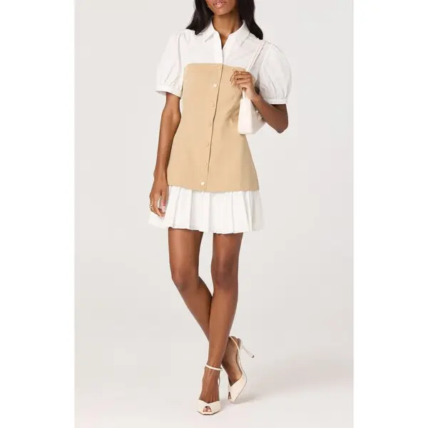 Astr The Label Joseline Colorblock Shirt Dress - White Tan
