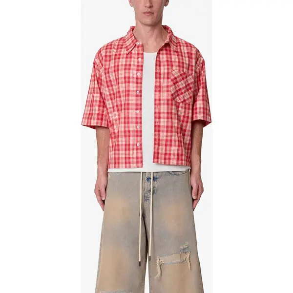 Mnml Plaid Crop Short Sleeve Cotton Flannel Button-up Shirt