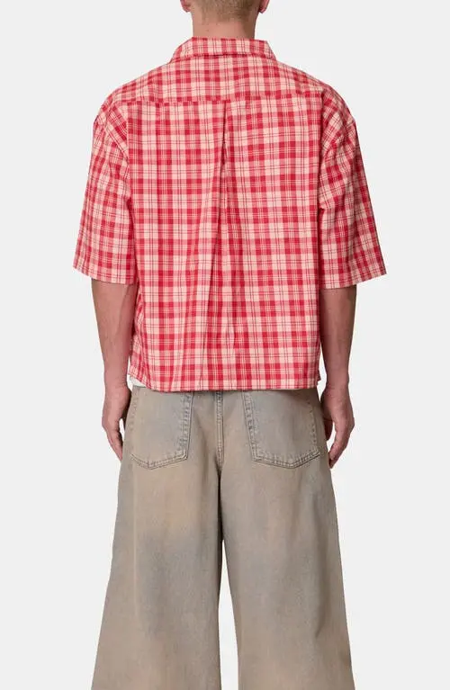 Mnml Plaid Crop Short Sleeve Cotton Flannel Button-up Shirt