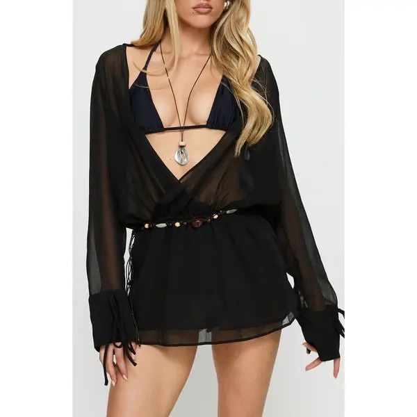 Princess Polly Opalina Belted Chiffon Romper - Black