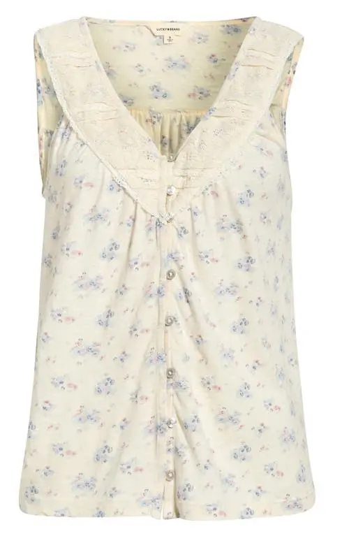 Lucky Brand Lace Trim Cotton Blend Top - Cream Floral