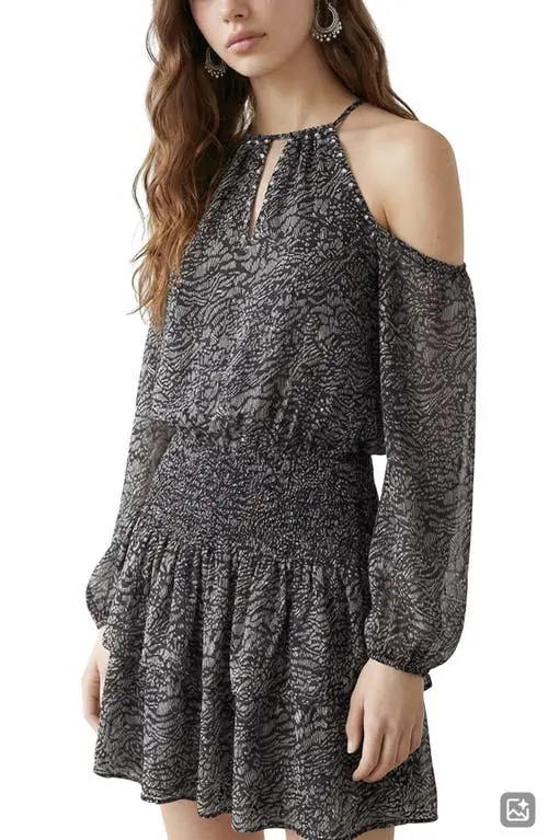 Mango Long Sleeve Cold Shoulder Minidress - Navy