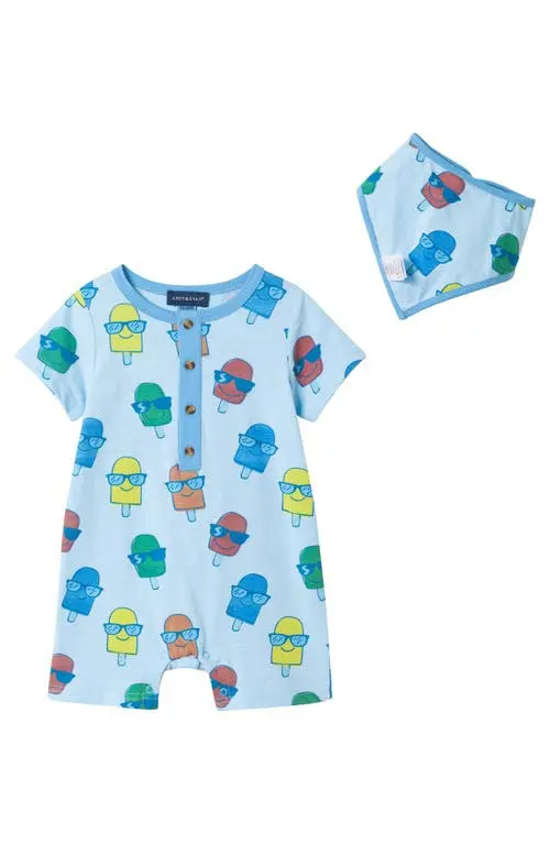 Andy & Evan Print Romper And Bib Set - Blue Ice Pop