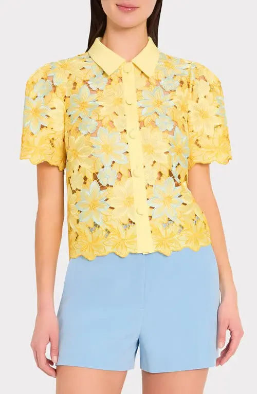 MILLY Addison Floral Lace Button-up Shirt - Yellow Multi