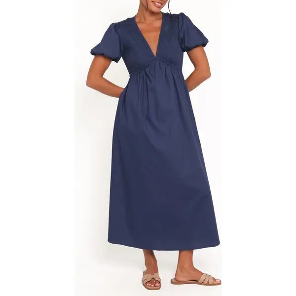 PETAL & PUP Ilyana Puff Sleeve Cotton Maxi Dress - Navy