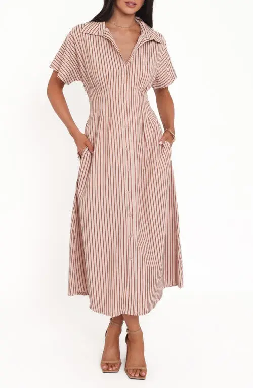 PETAL & PUP Eilis Stripe Midi Shirtdress - Brown Stripe