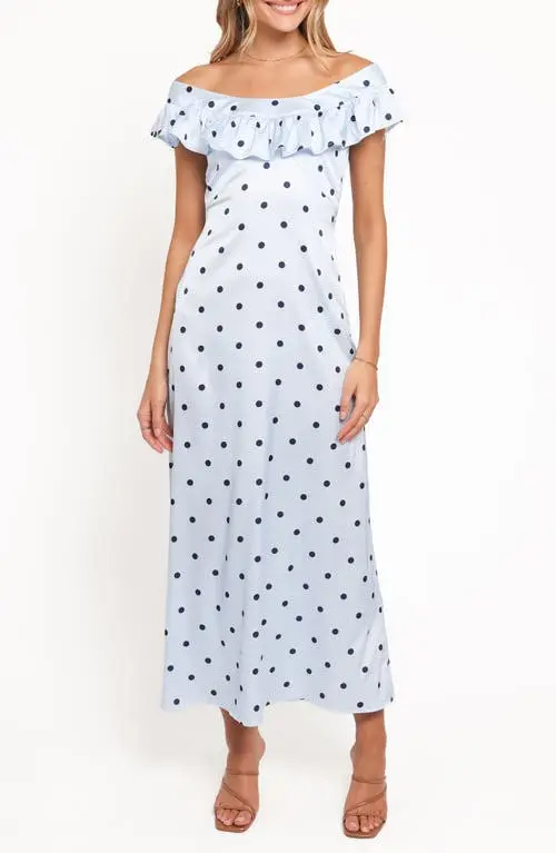 PETAL & PUP Manaris Dot Off The Shoulder Maxi Dress - Blue Polka Dot