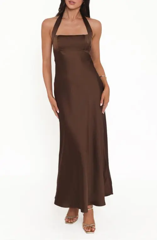 PETAL & PUP Nakita Satin Halter Maxi Dress - Brown