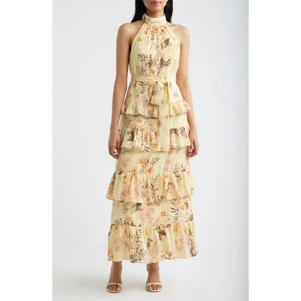Anne Klein Tiered Ruffle Sleeveless Chiffon Maxi Dress